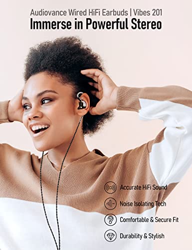Audiovance Vibes 201ML Wired Earbuds in Ear Headphones with Mic, Lightning to 3.5mm Adapter & Braided Cord, Noise Isolating Bass Driven Earphones, Carry Case, Ear Buds Tips, 3.5mm Jack (Clear Brown)