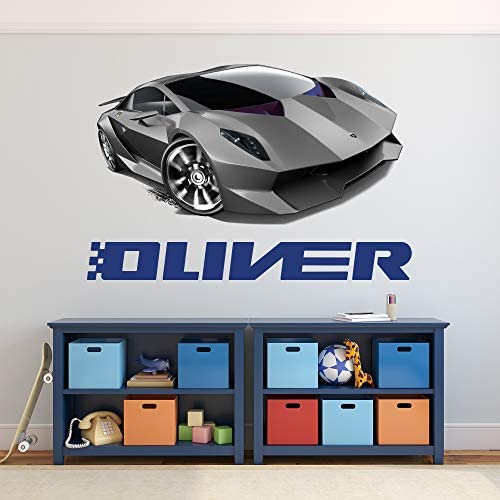 Personalized Name Wall Decals Lamborghini Wall Art Decor Sticker Racing Car Kids Boys Mural Bedroom Vinyl Wall Decor Gift ND14 (34"W x 24"H inches)