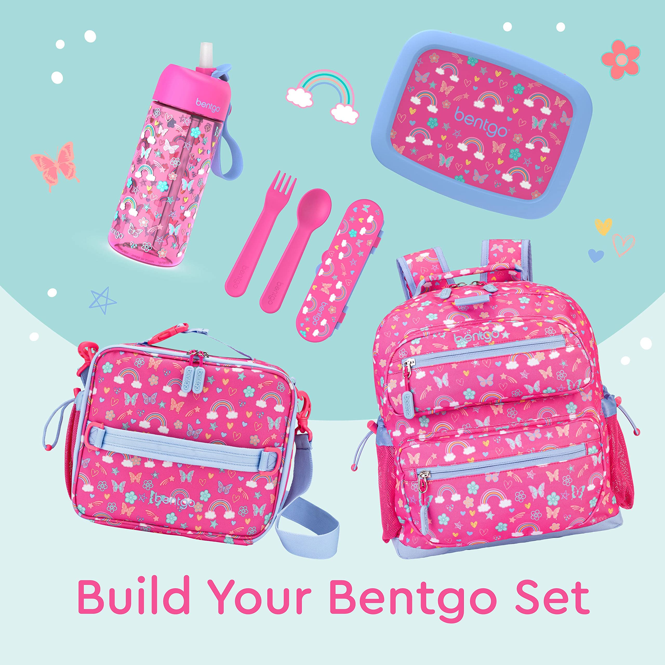 Bentgo® Kids Lunch Bag - Durable, Double Insulated, Water-Resistant Fabric, Interior & Exterior Zippered Pockets, Water Bottle Holder - Ideal for Children 3+ (Rainbow)