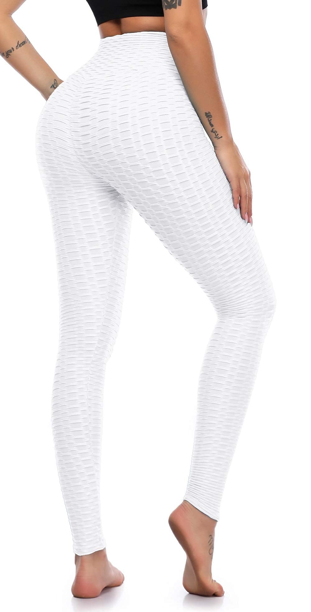 A-Wintage Women's High Waist Yoga Pants Butt Lifting Leggings Workout Seamless Leggings Textured Booty Tights White