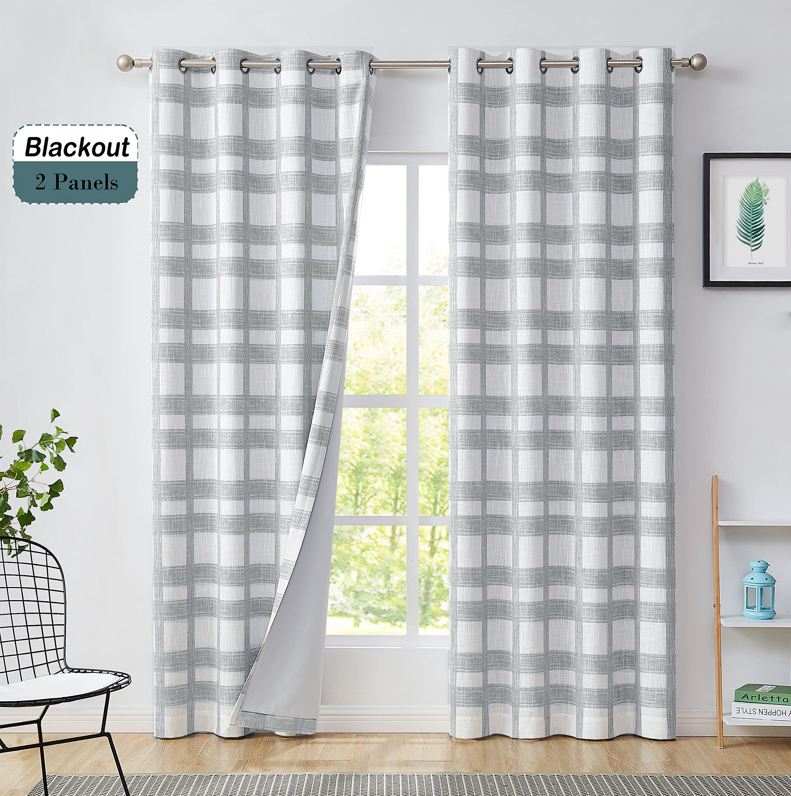 Central Park White Grey Plaid Blackout Window Curtain Linen Buffalo Check Geometric Panel 84" Long for Bedroom Living Room Grommets Top Rustic Farmhouse Room Darkening Thermal Insulated Drape, 1 Pc