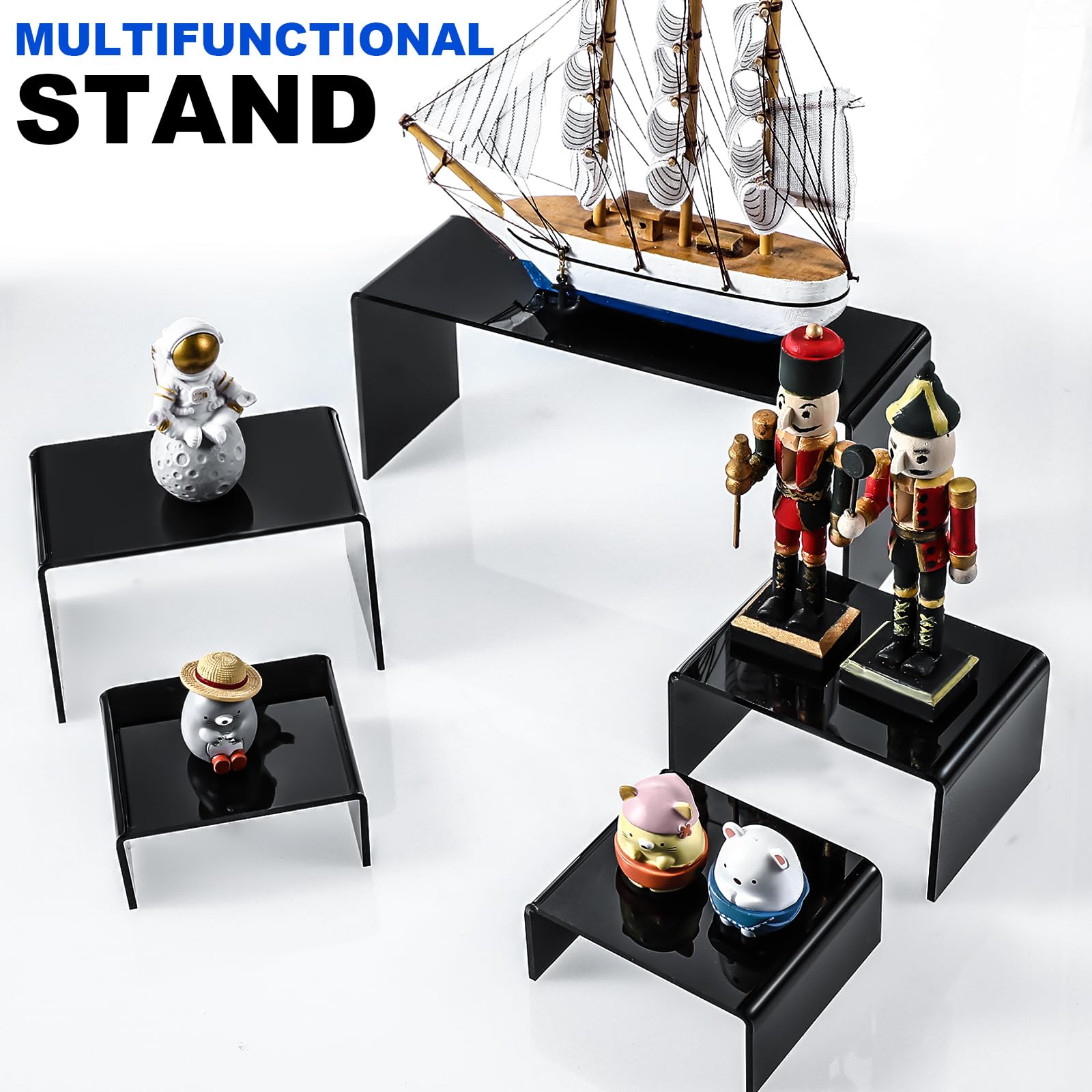4 Set Acrylic Display Risers Medium and Large Display Stand Shelf Acrylic Risers for Display Cupcake Acrylic Riser Showcase Figure Jewelry Collectibles Stands Desktop Shelf for Organize (Black)