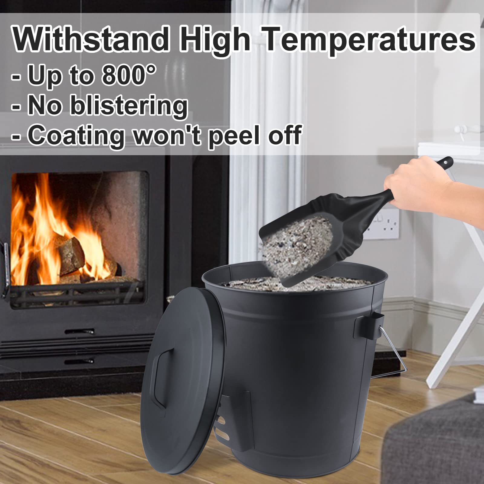 Ash Bucket with Lid and Shovel Hand Broom, 5.15 Gallon Large Galvanized Iron Metal Fireplace Tools Ash Pail for Fire Places Fire Pits Wood Burning Stoves Hearth Accessories Indoor Outdoor, Black