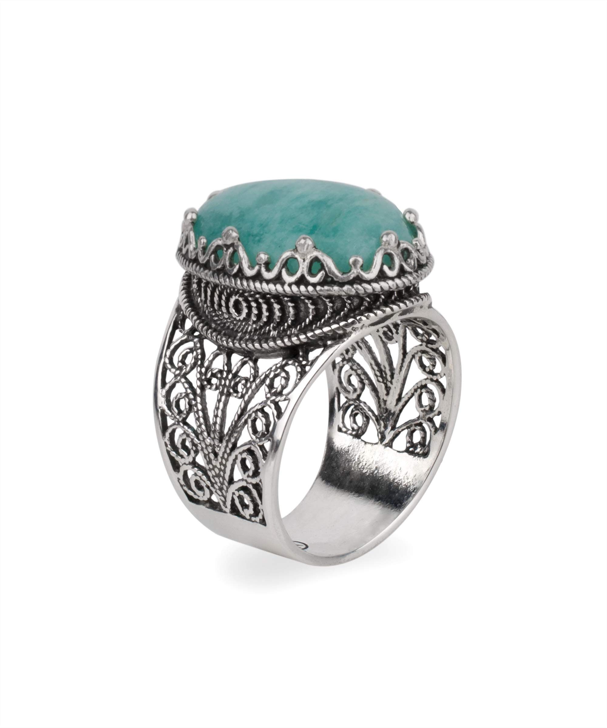925 Sterling Silver Blue Amazonite Oval Crown Filigree Ring (Size 5-12) (7)