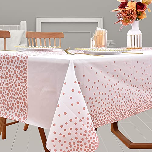 FECEDY 4 Packs 54"x108" Rose Gold Wave Point White Disposable Plastic Table Cover Waterproof Tablecloths for Rectangle Tables up to 8 ft in Length Party Decorations