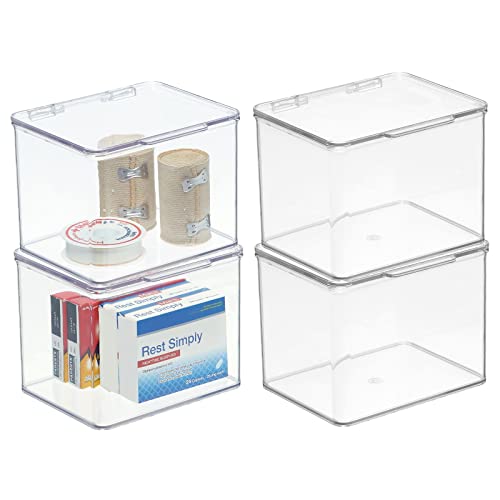 mDesign Plastic Bathroom Storage Organizer Box with Hinge Lid for Closet, Shelf, Cupboard, or Vanity, Hold Medicine, Soap, Lotion, Cotton Swabs, Masks, Styling Tools, Lumiere Collection, 4 Pack, Clear
