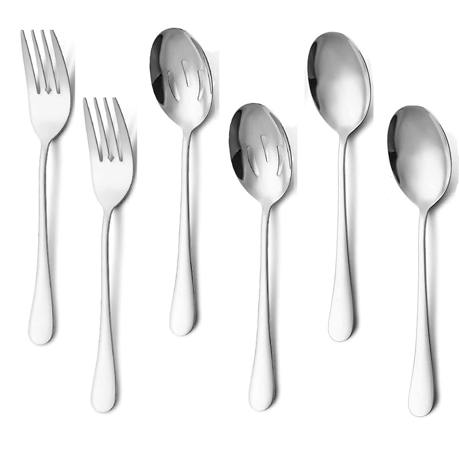 6 Pcs Serving Utensils,Stainless Steel Serving spoons and slotted spoons 8.5 Inch Serving Forks 8.8Inch Large Serving spoons set for Kitchen,Party supply (Silver)