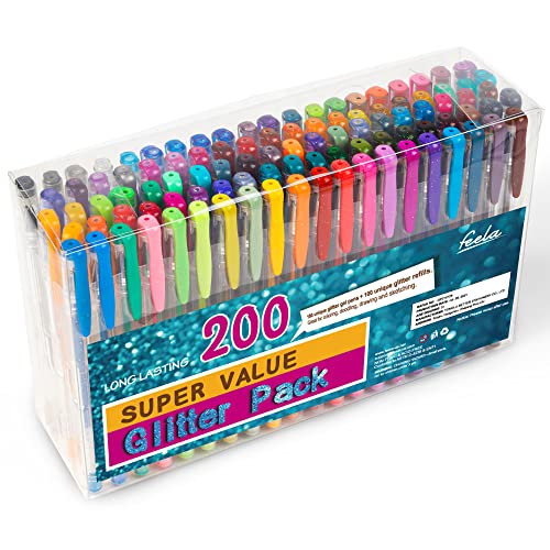 feela 200 Pack Glitter Gel Pens Set 100 Gel Pen plus 100 Refills for Adult Coloring Books Drawing Art Markers