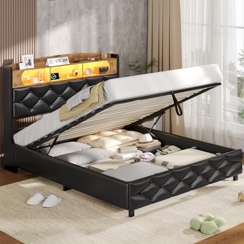 ADORNEVE Lift Up Storage Bed Frame Twin Size with LED Lights Headboard and Charging Station, Upholstered Storage Headboard, Hydraulic Storage, Solid Wood Slats Support, Noise-Free, PU Black