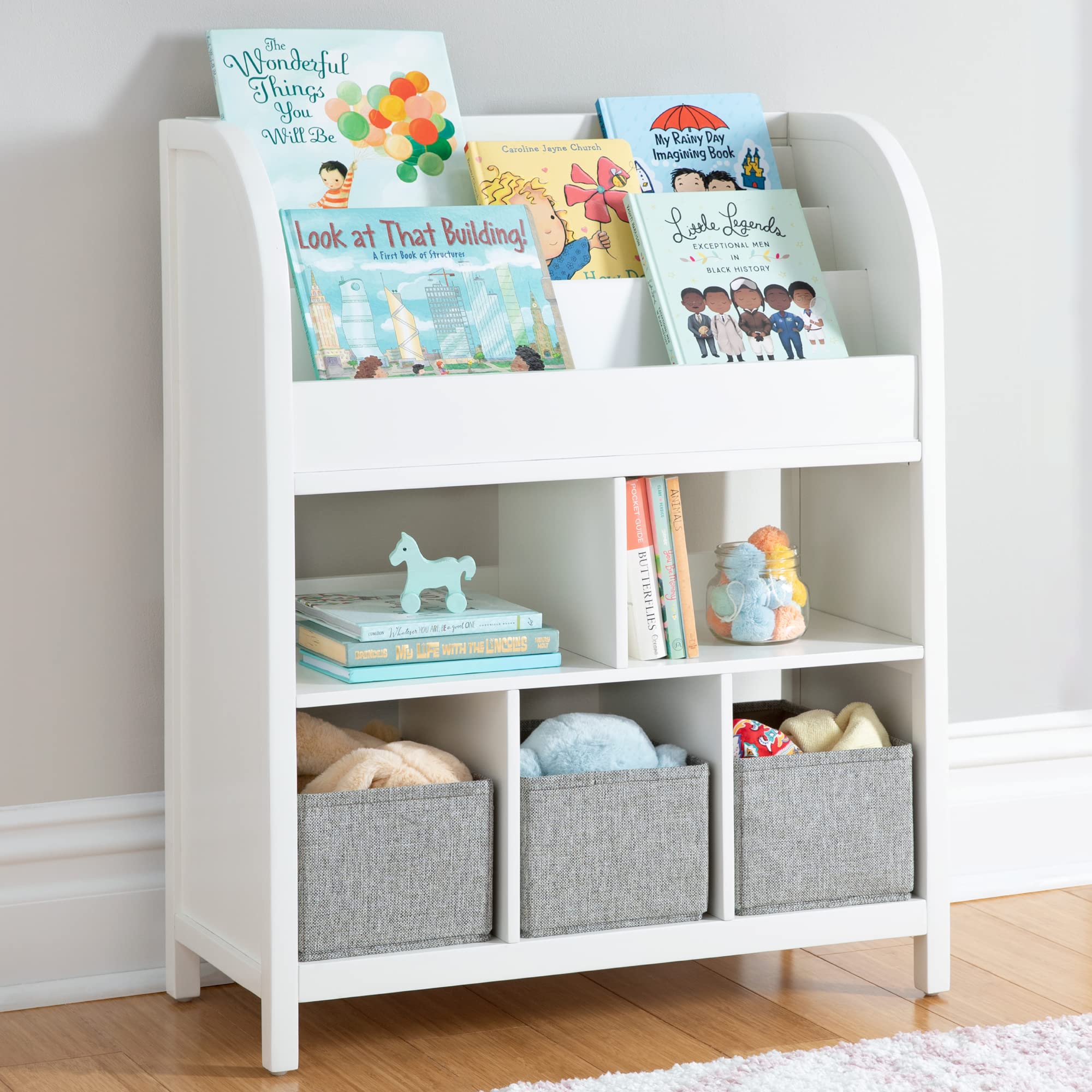 Martha Stewart Kids' Jr. Book and Bin Browser with Bins - Creamy White: Wooden Kids Bookcases and Toy Storage Organizer; Homeschool and Classroom Furniture