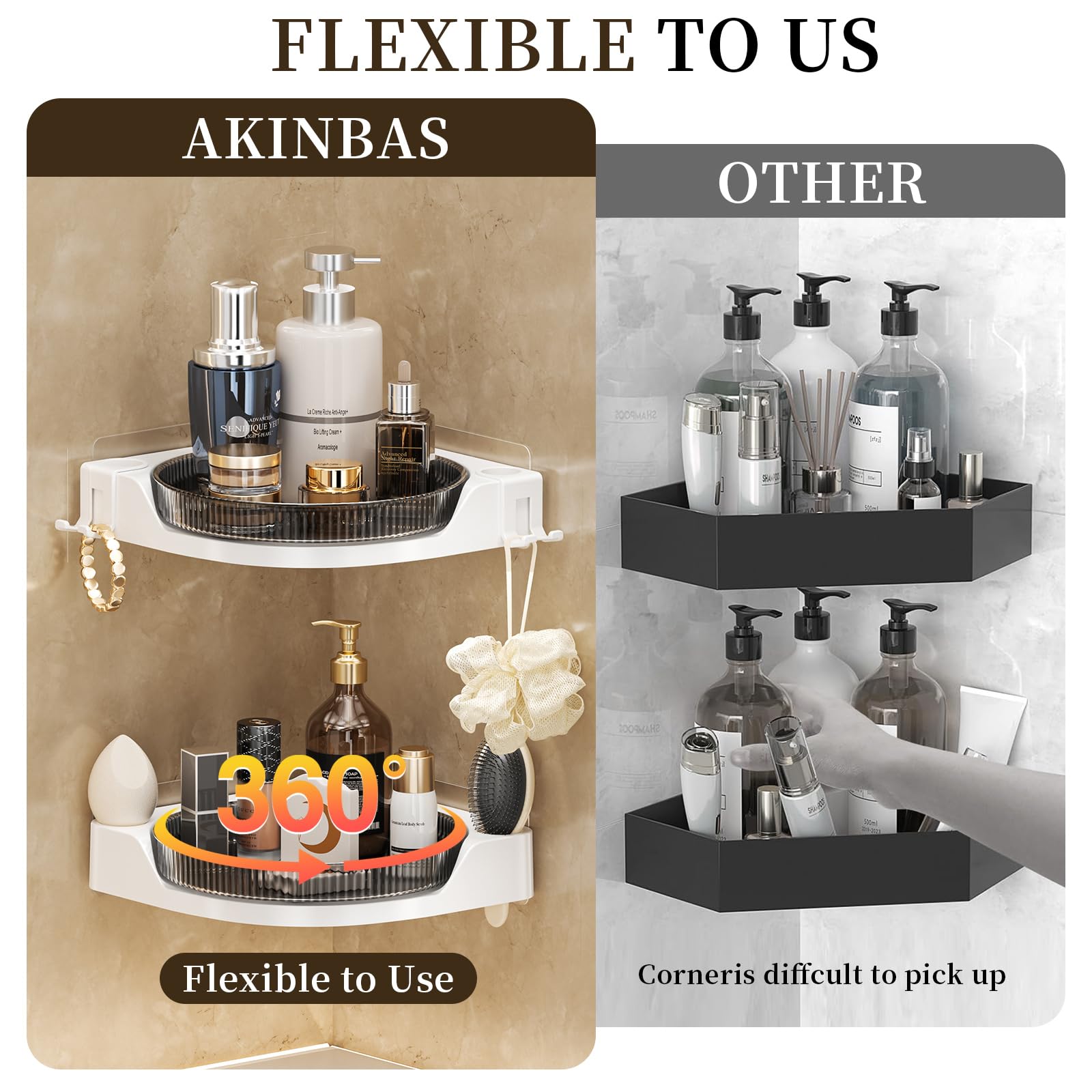 akinbas Corner Shower 3 Tier Caddy Lazy Susan Organizer 360 Rotating Corner Shelf Wall Mounted with No Drilling Shelves for Bathroom Dorm and Kitchen (White)