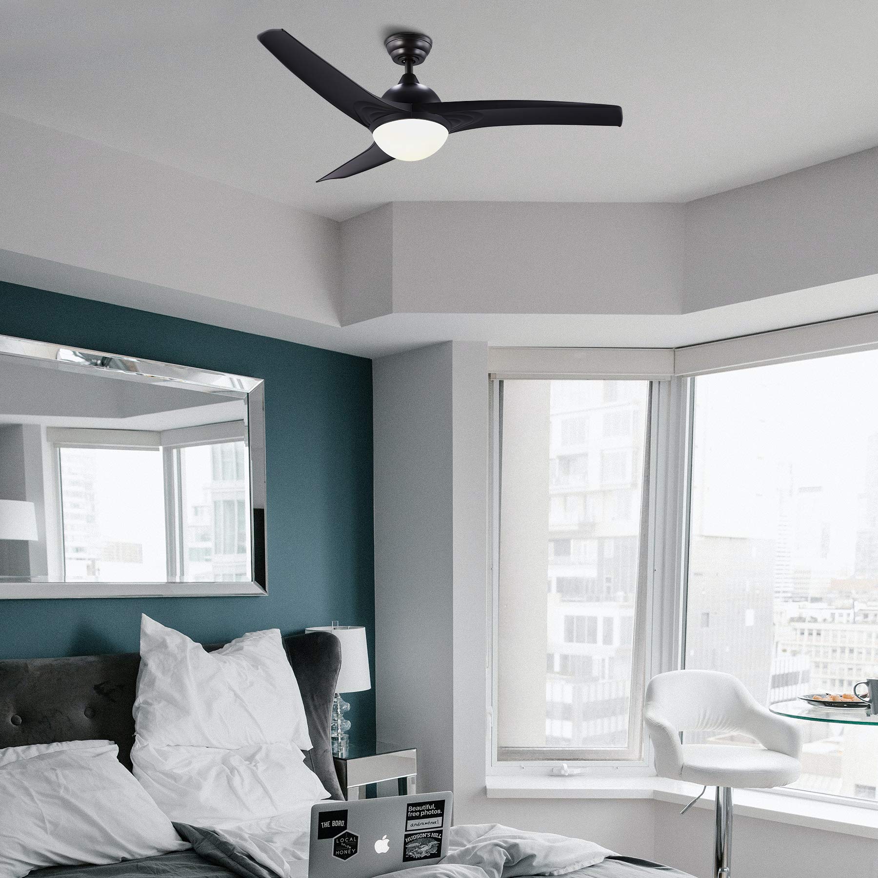 52'' Modern Ceiling Fan with Lights and Remote, Contemporary Black Ceiling Fans with LED Light for Bedroom, Living Room, Kitchen, Industrial Ceiling Fan with 3 ABS Blades Reversible