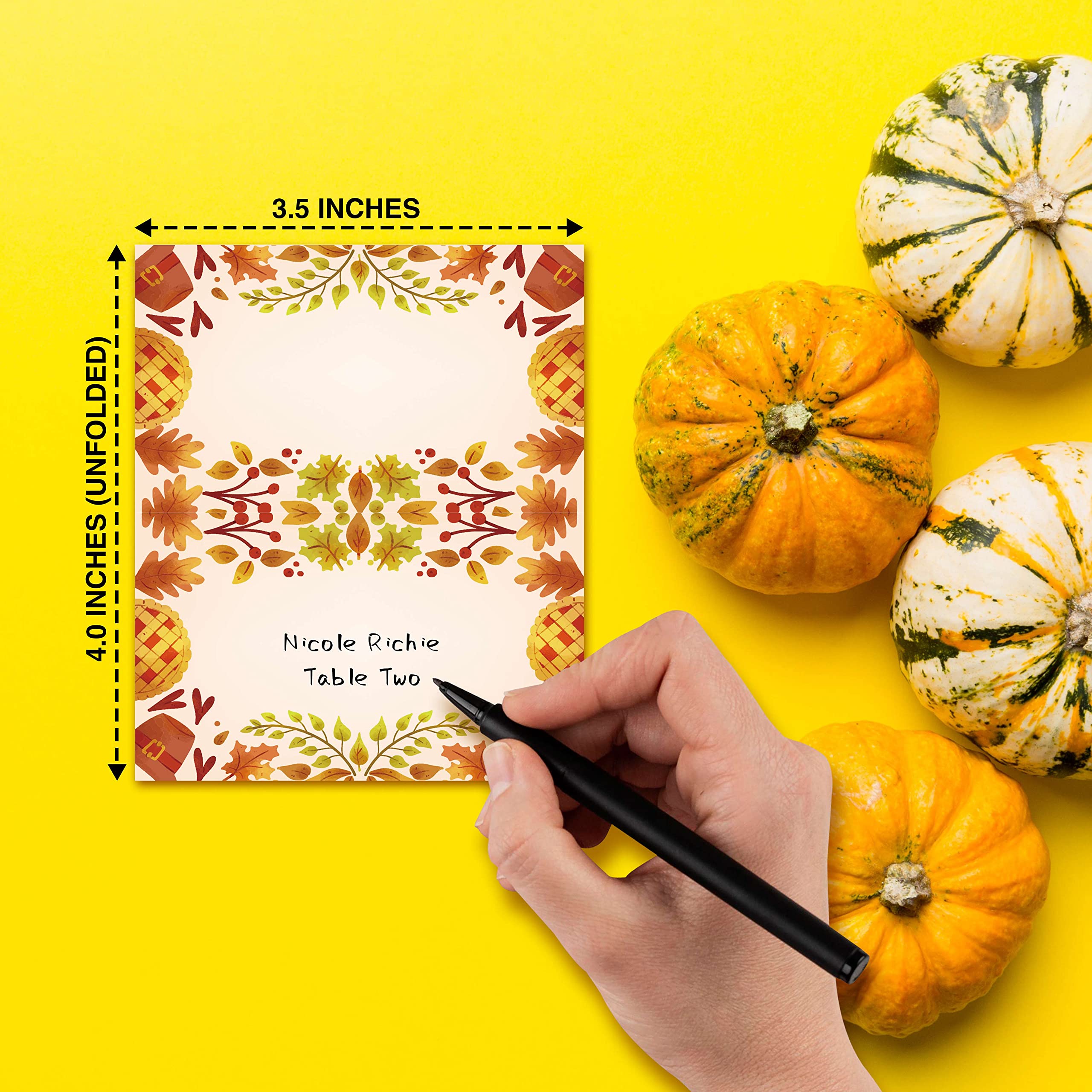 Fall Thanksgiving Table Place Cards, Orange Pumpkin Blank Seating Place Card for Table, 25 Pack Buffet Food Tent Labels, Double Design Name Cards, Thanksgiving Day Party Decorations(03)