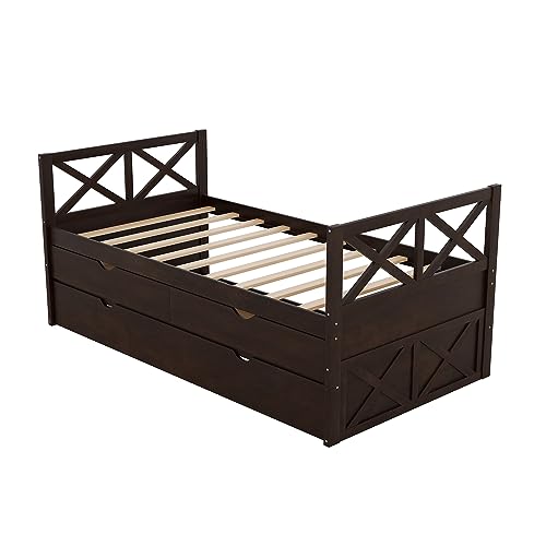 DEYOBED Twin Size Daybed with Storage Drawers and Trundle, Wood Twin Captains Bed Frame for Bedroom and Living Room, Espresso
