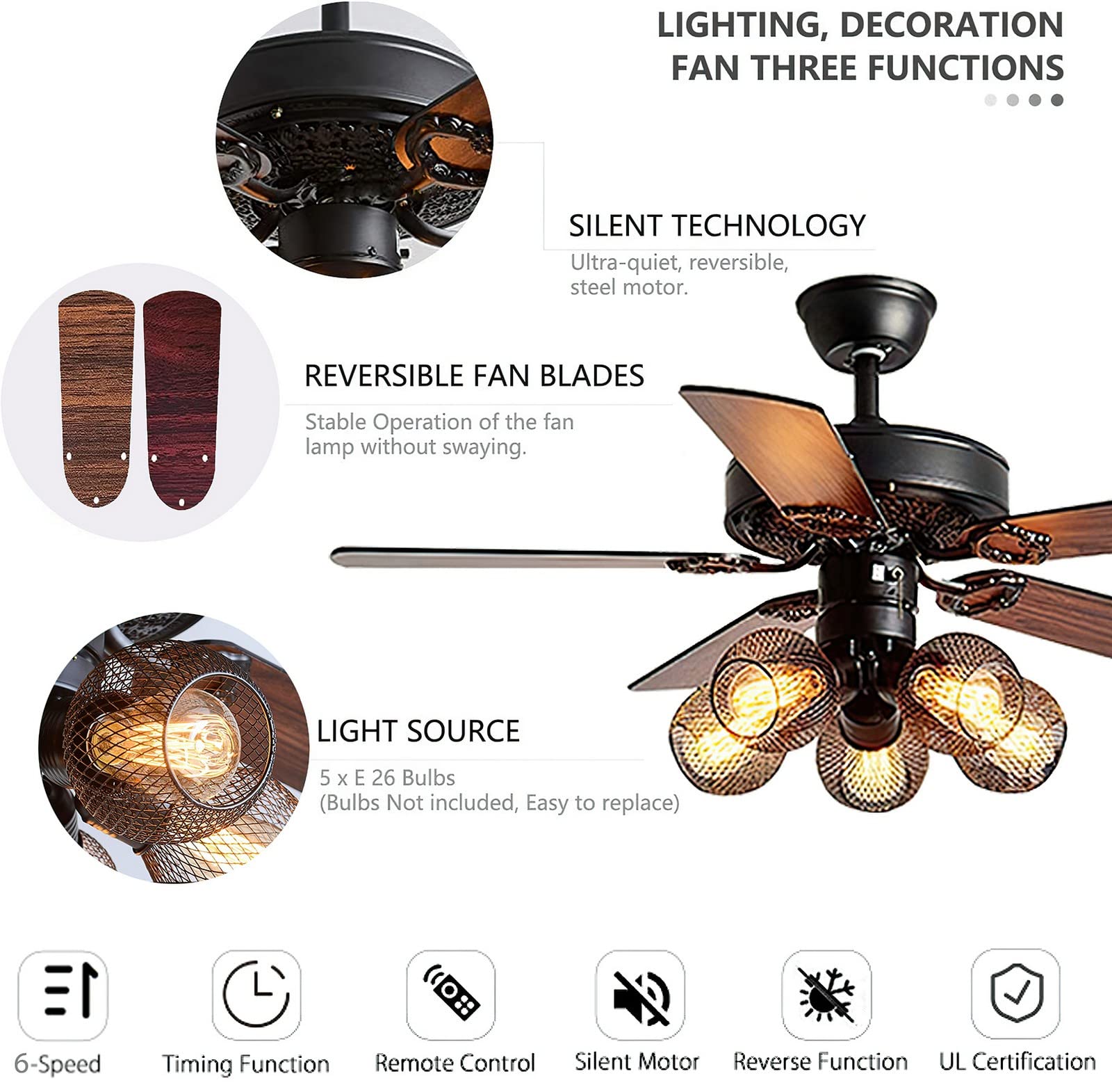 52" Farmhouse Ceiling Fan with Light Rustic Ceiling Fan with Light Ceiling Fan with Lights Remote Control Industrial Ceiling Fan with Light Vintage Ceiling Fan with Light for Bedroom Living Room