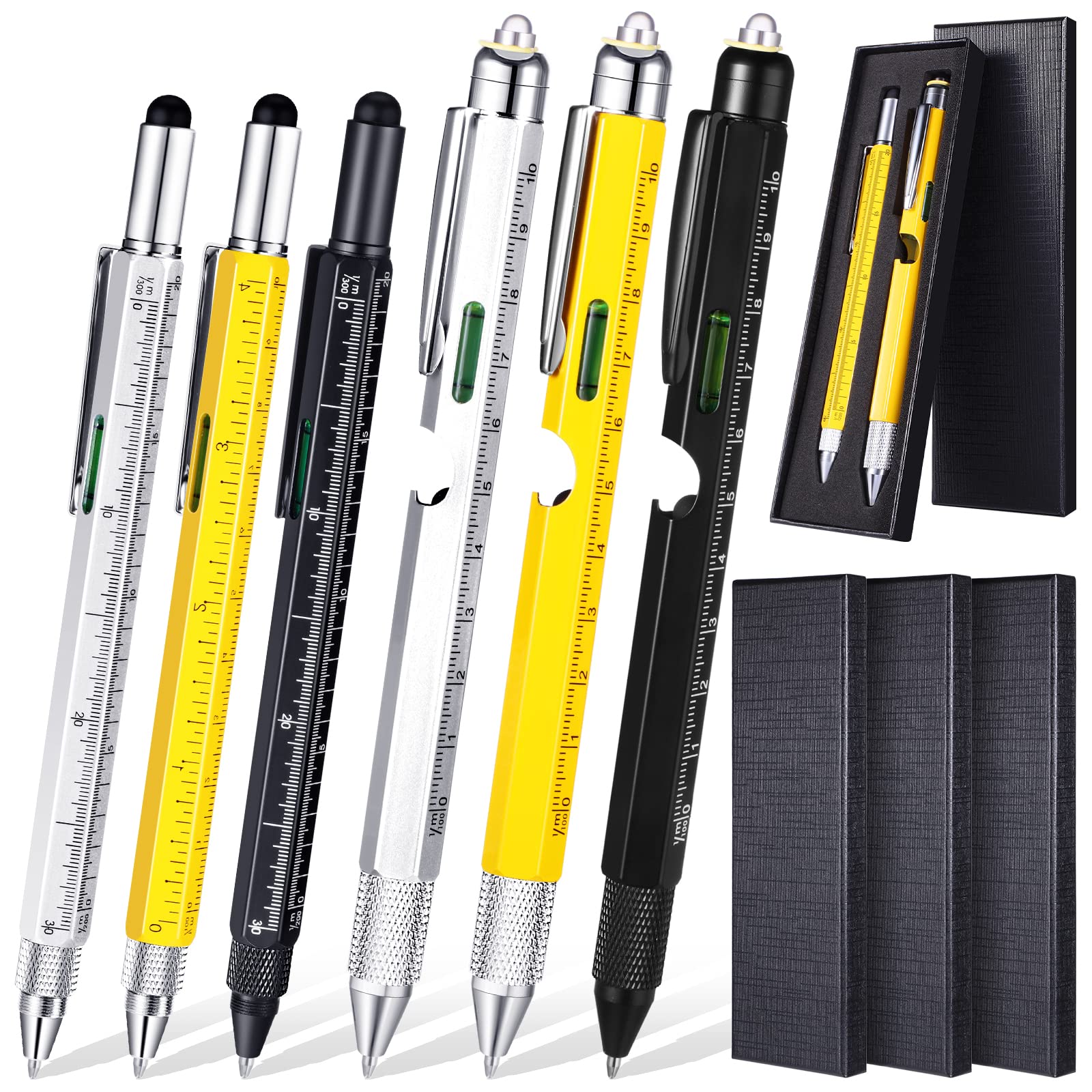 6 Pieces 9 in 1 Multitool Pen Set, Gifts for Men Him Dad Cool Gadgets for Father's Day Christmas Gifts Stocking Stuffers for Men Tool Pen with LED Light Stylus Level Screwdriver Ruler