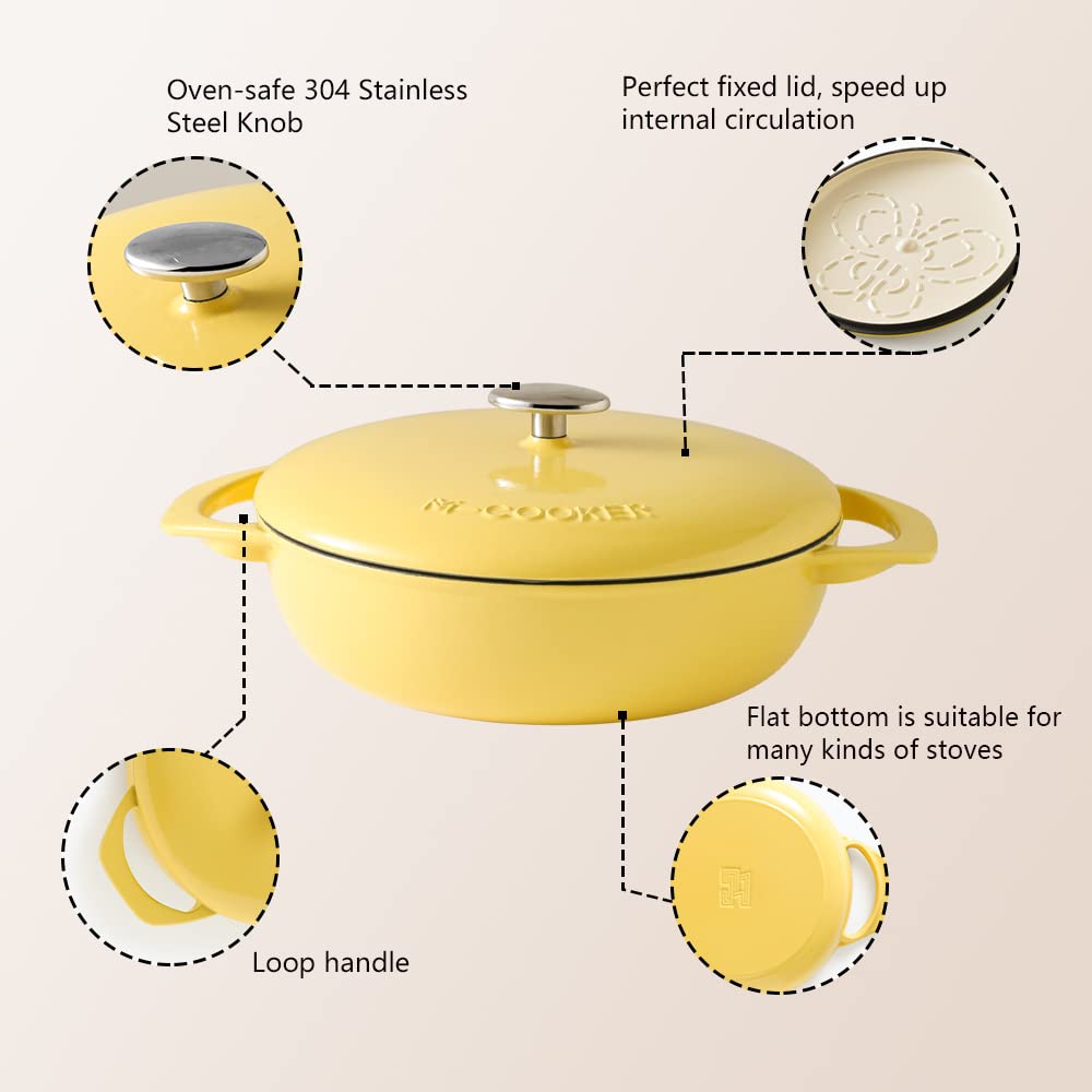 M-COOKER 3.8 Quart Enameled Cast Iron Braiser Pan with Lid,Covered Cast Iron Casserole Dish, Shallow Dutch Oven with Lid, Gift Idea for Family, Oven Safe (Yellow)