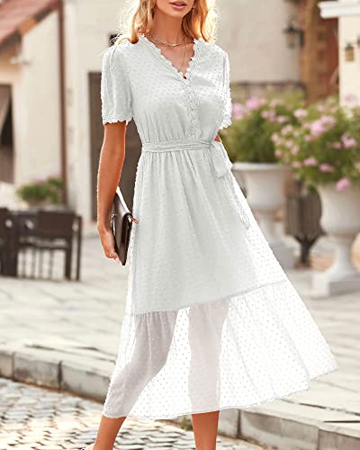 BTFBM Women 2023 Summer Boho Midi Dress Short Sleeve V Neck Swiss Dot Belted High Waist Ruffle Tiered A-Line Beach Dress(Swiss Dot White, Medium)