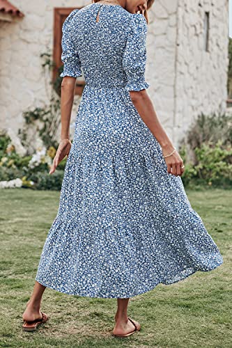 BTFBM Women Casual Summer Dresses 2023 Spring Crew Neck Ruffle Short Sleeve Floral Leopard Smocked Boho Flowy Maxi Dress(Floral Blue White, Medium)