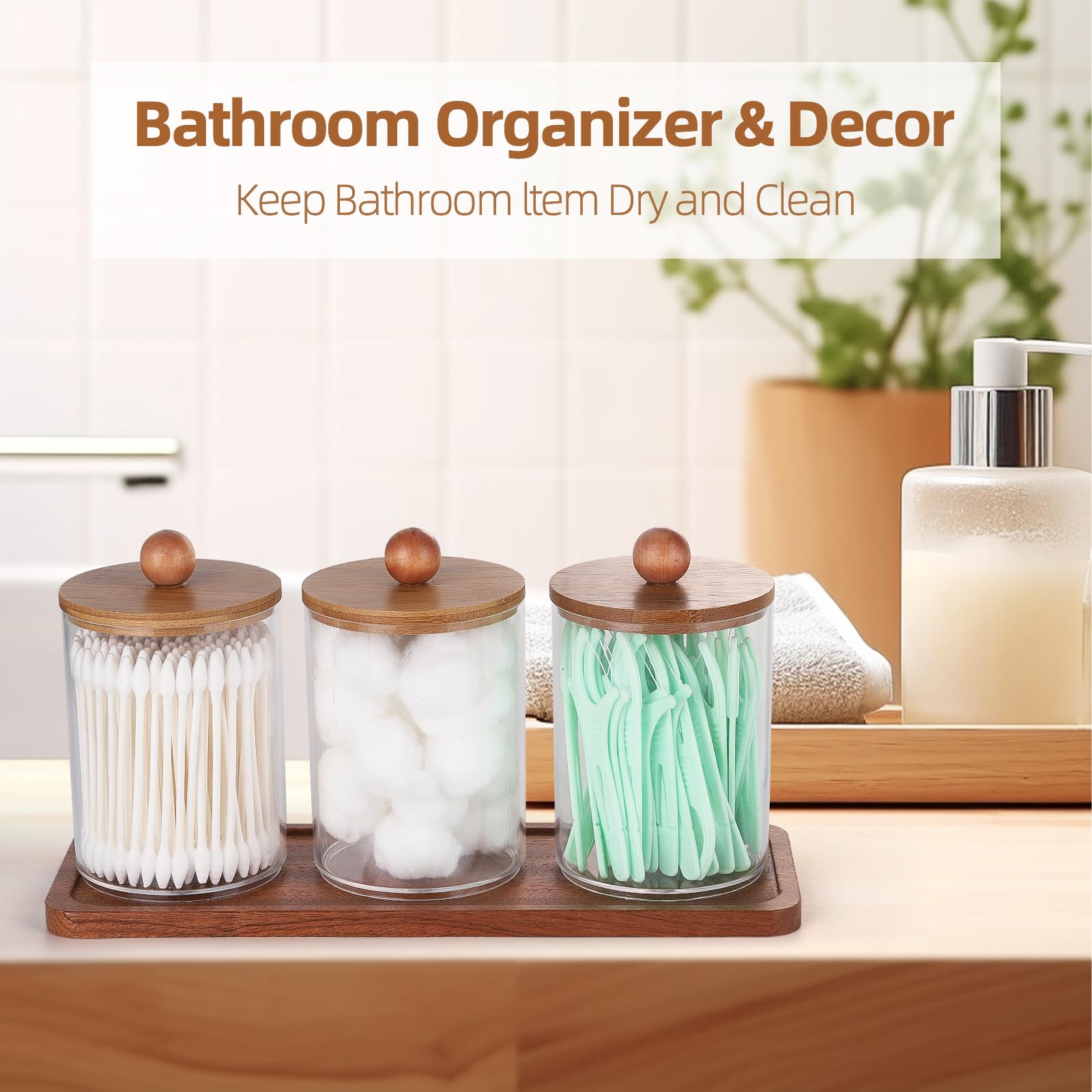 Tbestmax 10oz Qtip Holder Cotton Swab/Ball/Pad Holder with Vanity Tray, Clear Bathroom Containers Dispenser for Storage 3 Pack Wood Lids