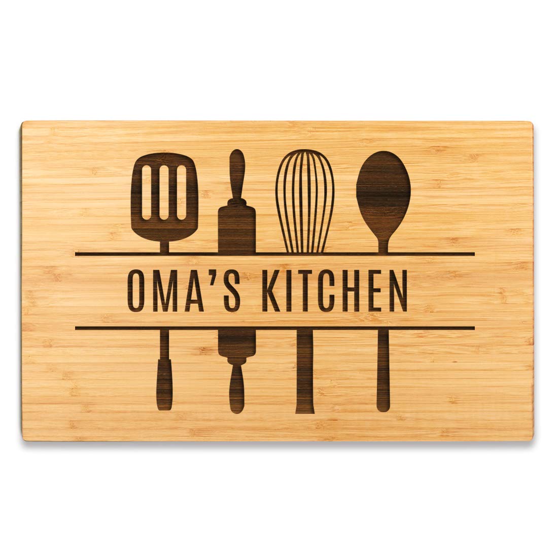 Andaz Press Large Bamboo Wood Cutting Board Gift, 17.75 x 11-inch, Oma's Kitchen, Utensils Graphic, 1-Pack, Laser Engraved Serving Chopping Board Christmas Birthday Chef Kitchen Ideas