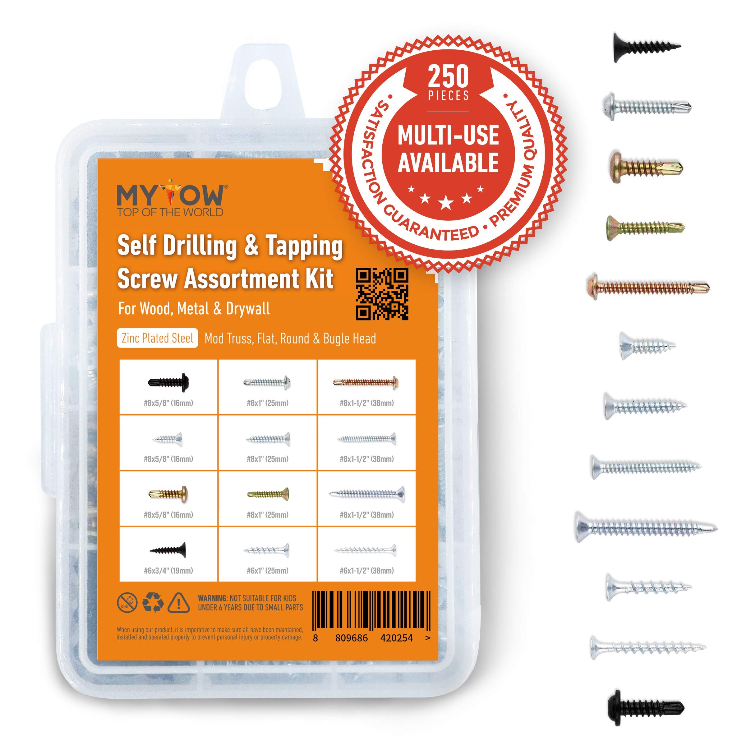 MYTOW Self Drilling & Self Tapping Screws Assortment Kit Set (250Pcs) Screws Available for Multi-use for Wood Screws, Sheet Metal Screws, and Drywall Screws,Screw Organizer and Storage