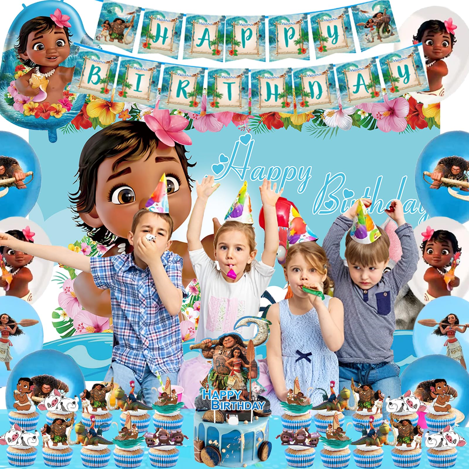 52PCS Moana Themed Party Supplies Include Moana Birthday Banner, Moana Balloons,Cake Toppers