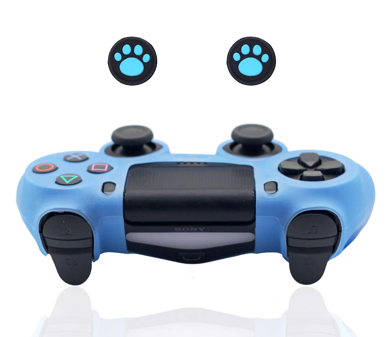 Controller Skin for PS4,BRHE Anti-Slip Grip Silicone Cover Protector Case Compatible with PS4 Slim/PS4 Pro Wireless/Wired Gamepad Controller with 2 Cat Paw Thumb Grip Caps (Blue)