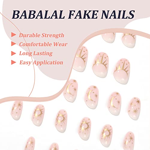 BABALAL Press on Nails Short Round Fake Nails Glossy Glue on Nails with Design Short Nails 24Pcs Oval Acrylic Nails for Women and Girls
