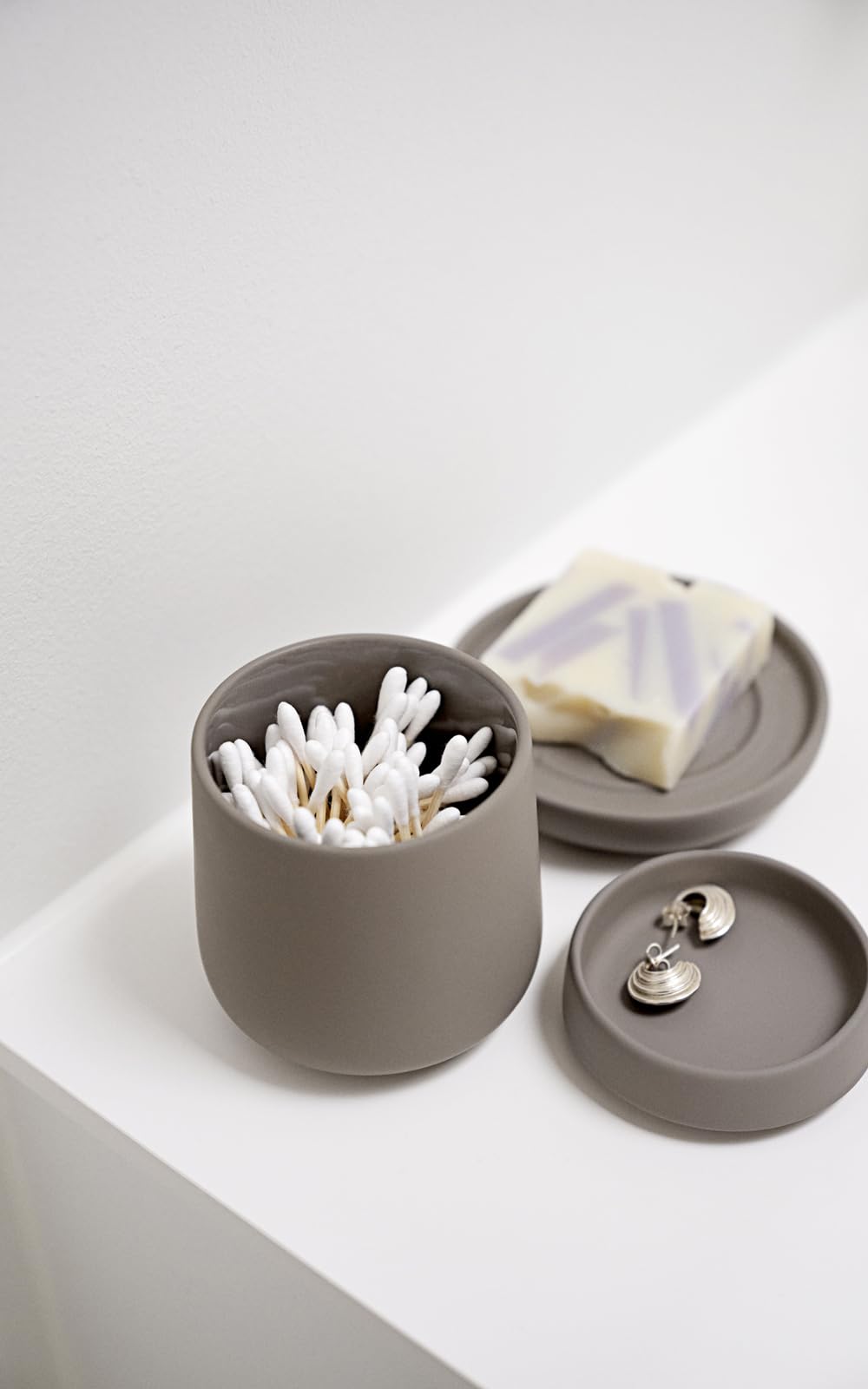 Zone Denmark Nova One Ceramic Storage Box with Lid for Bathroom Utensils such as Cotton Pads & Cotton Buds Diameter 3.3", Height 3.39", Capacity 290 ml,Taupe