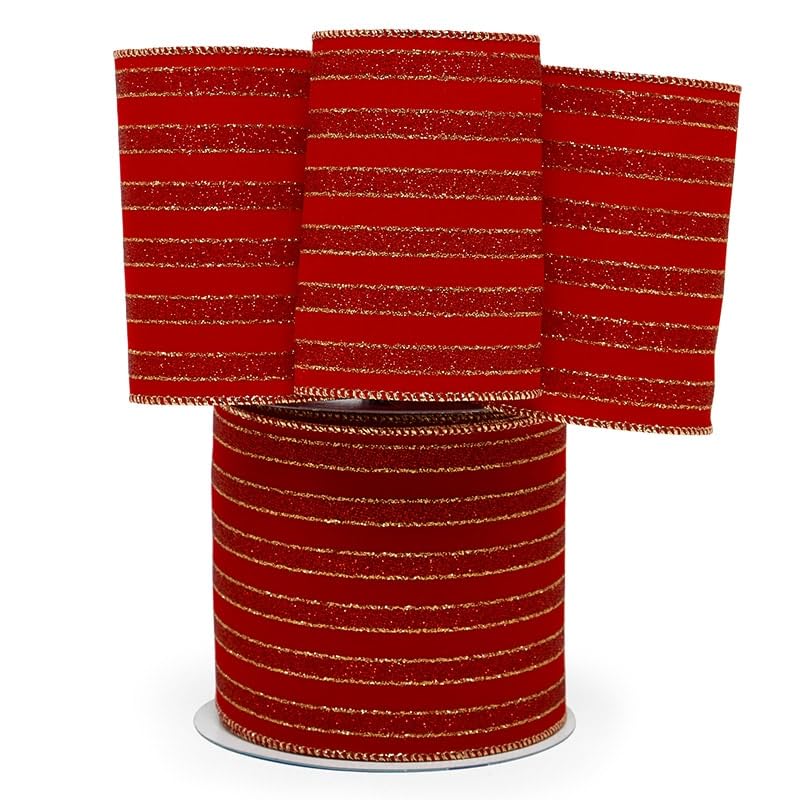 4" X 10 Yards Red Regal Stripes Velvet Wired Ribbon Christmas