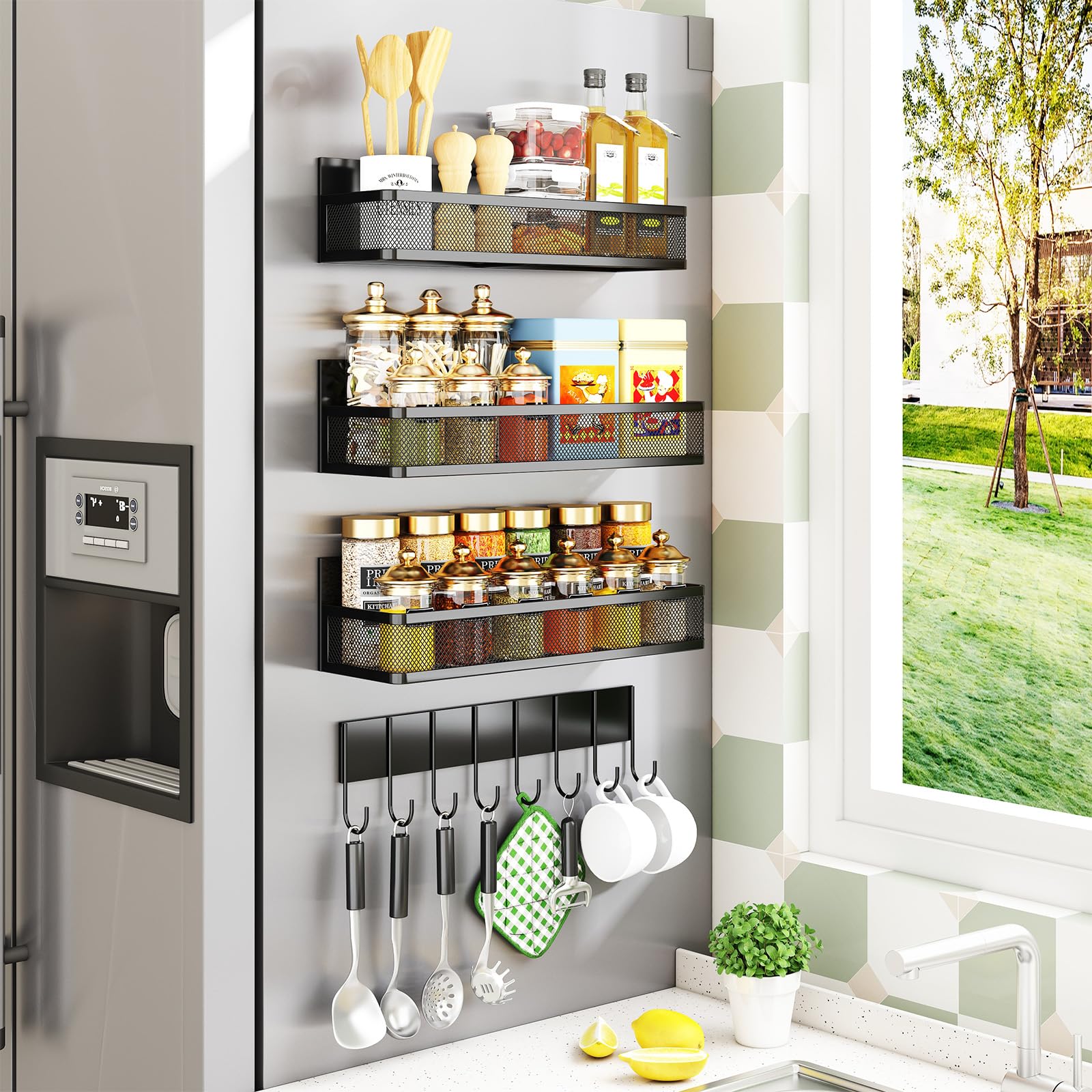 Miyawell Magnetic Spice Rack for Refrigerator, 4 Pack Magnetic Shelf, Fridge Organizer Magnet Shelves for Kitchen Organization and Storage, Moveable Seasoning Racks with 8 Hooks, Metal&Black