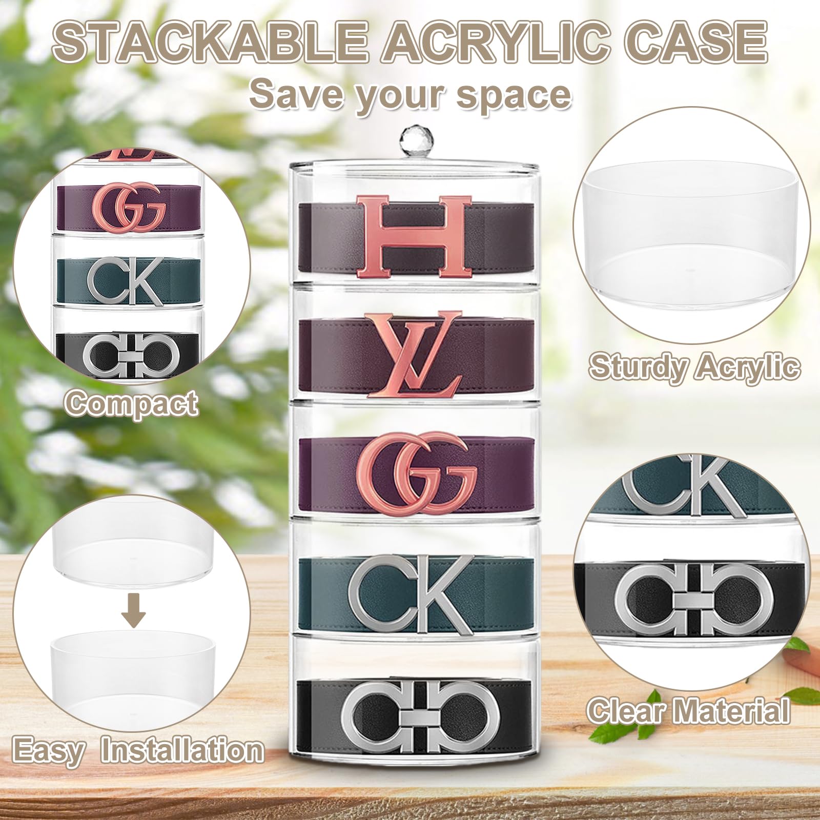 ABuff Acrylic Belt Organizer for Closet, 5 Layers Belt Display Case Transparent Storage Holder for Belt, Watches, Jewelry, Bracelets, Makeup and Other Accessories