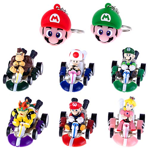6pcs Mini Super Character Kart Pull Back Cars Cake Toppers Figures Toy Sets, Kids Birthday Party Cake Decoration Supplies and 2 pcs Keychains