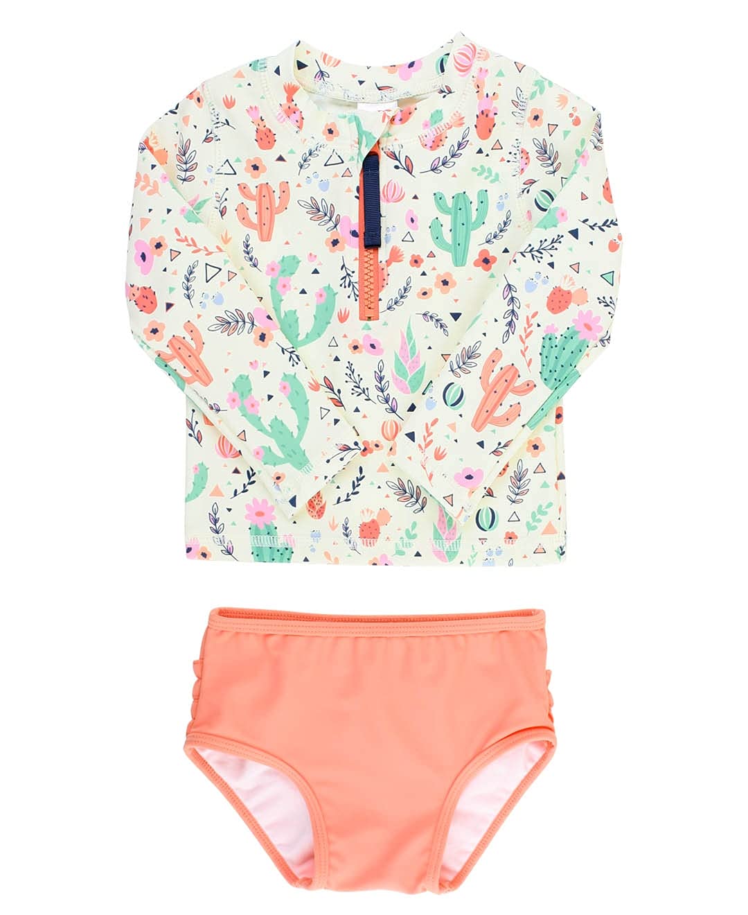 RuffleButts® Baby/Toddler Girls Desert Blossoms Long Sleeve Zipper Rash Guard Bikini - 18-24m
