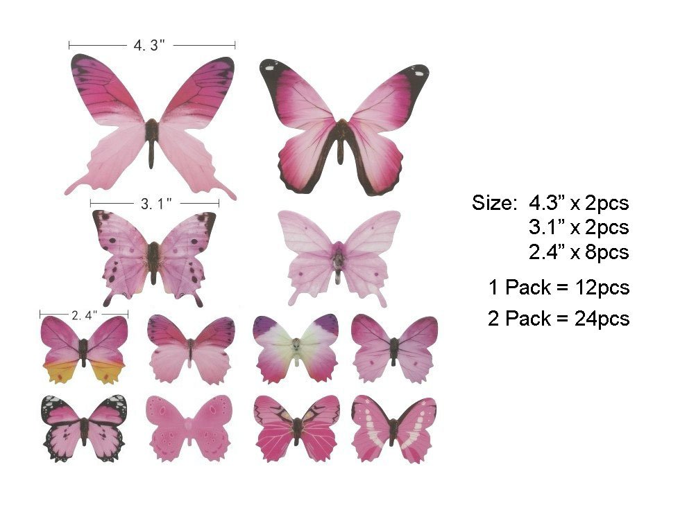 Trubetter Pink Butterfly Wall Decals, 24 Pcs 3D Removable Waterproof Stickers for Home and Room Decoration