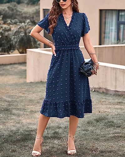BTFBM Women's Summer Elegant Short Sleeve V Neck Swiss Dot Midi Dresses Cute Boho High Waist Long Dresses A-Line Ruffle Dress(Solid Navy,Large