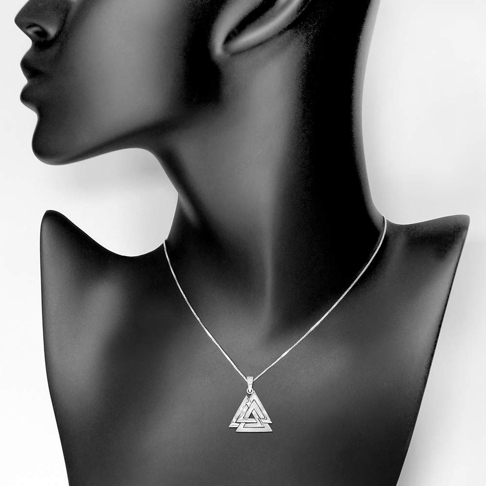 925 Sterling Silver Valknut Viking Knot Norse Runes Odin Pendant Necklace, 18"