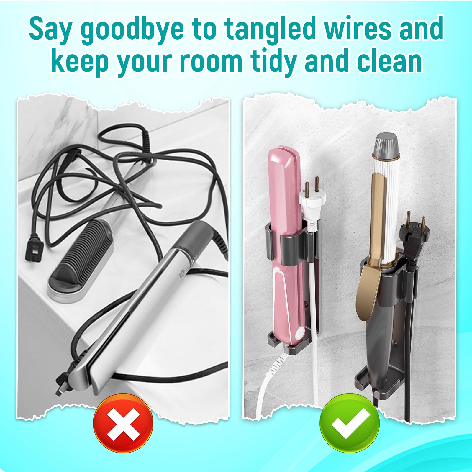 AMLESO Curling Iron Holder Hair Styling Accessories Organizer Punch Free Wall Mount Hair Straightener Organizer for Curling Wands Flat Irons Combs