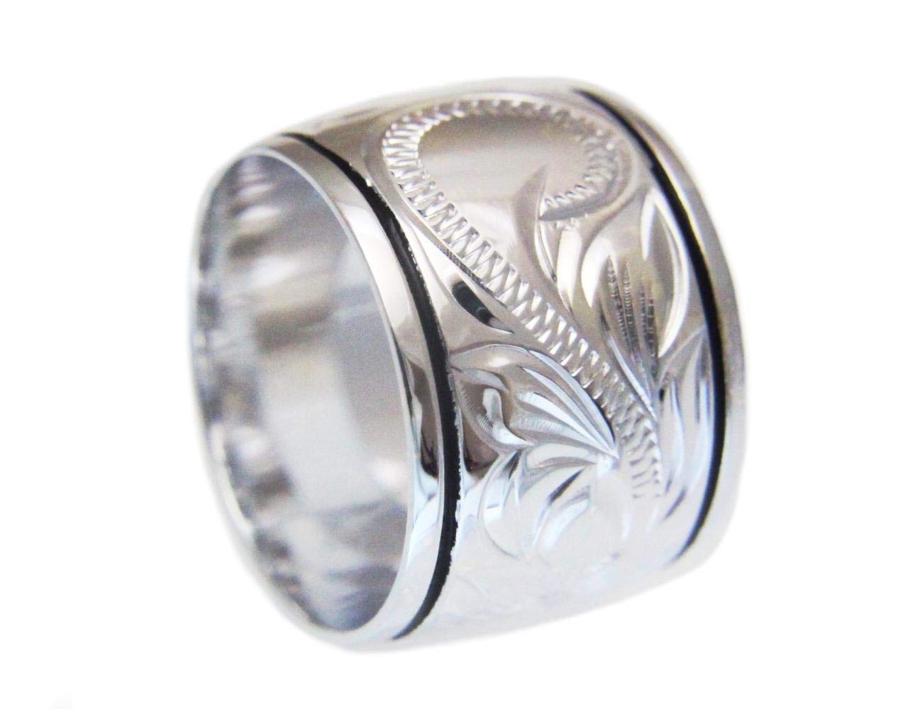 925 sterling silver Hawaiian plumeria scroll black enamel border 15mm ring size 13