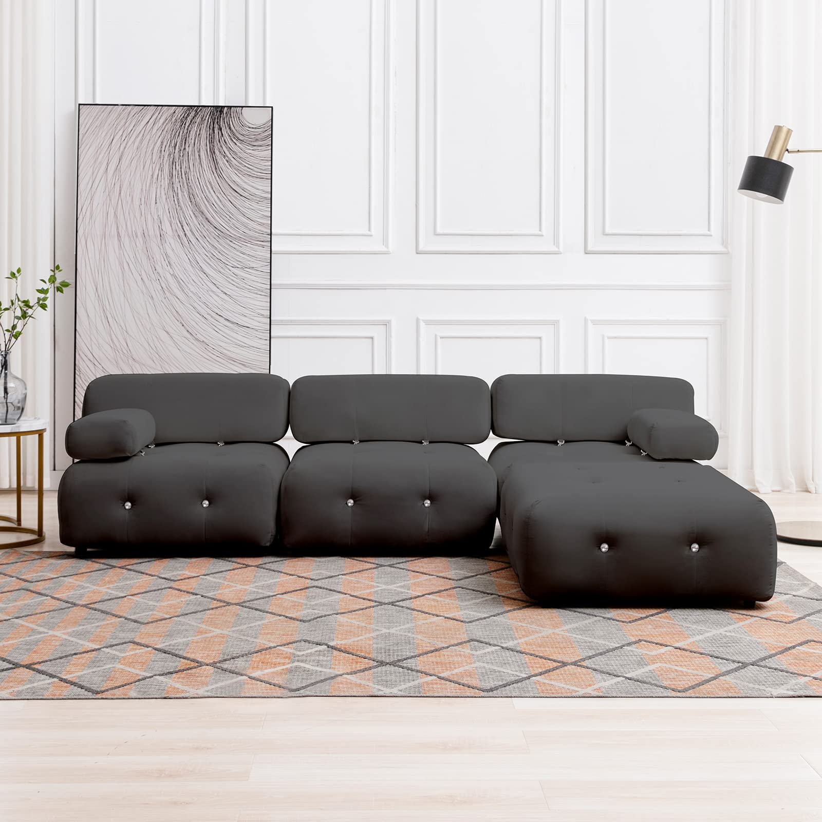 Mjkone Modular Sectional Sofa with Reversible Chaise, Velvet L Shaped Cloud Couch with Reversible Ottoman, 4 Seater Couch Button Tufted Designed, DIY Combination Sofa for Living Room, Dark Grey