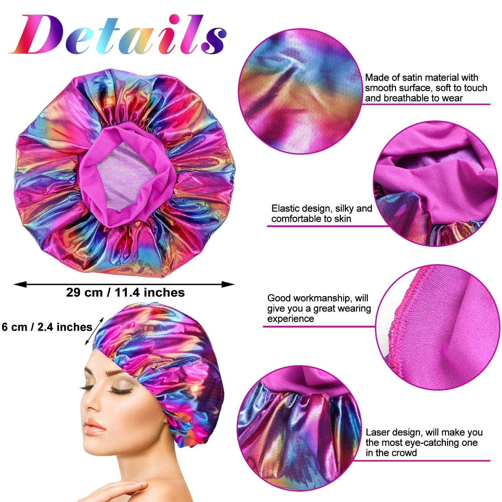 6 Pieces Satin Sleep Cap Elastic Hat Adjustable Satin Bonnet Colorful Hair Bonnet for Women Girls (Solid Color)……