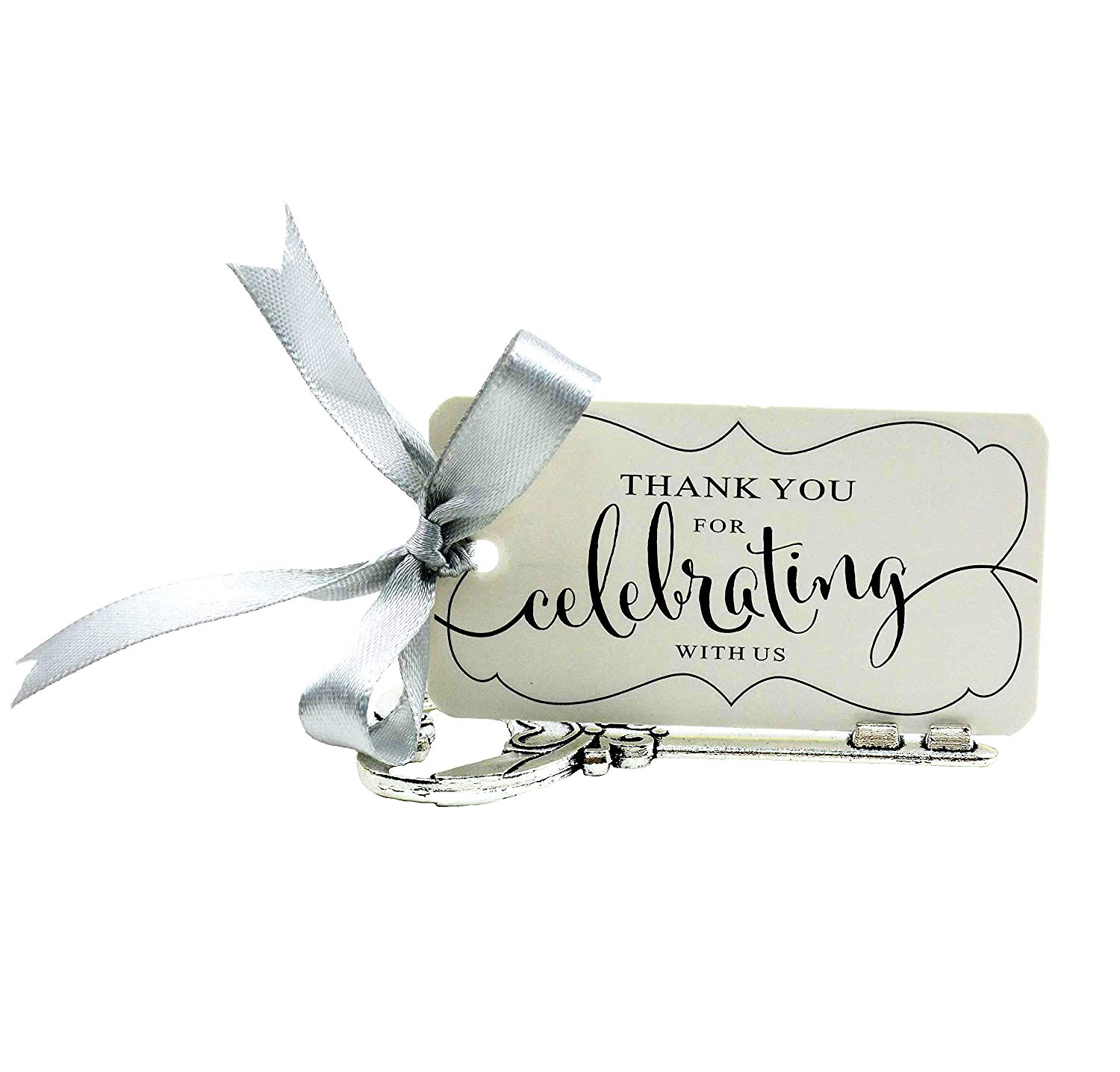 Aokbean 50pcs Skeleton Key Bottle Opener Place Card Holder for Weddings Table Name Cards for Guests Souvenirs with French Ribbon (Antique Silver)