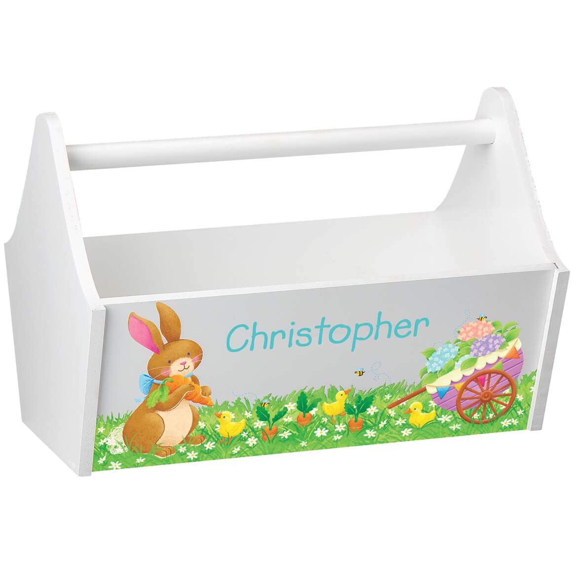 Fox Valley Traders Personalized Kids Easter Toy Caddy, Customized Children’s Wooden Storage Tote with Blue Font, 13” Wide x 9” High