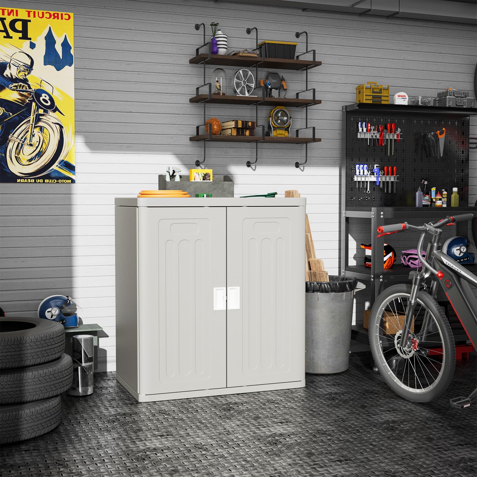 Amopatio Outdoor Storage Cabinet with 2 Shelves, Plastic Storage Cabinet Waterproof Storage Cabinet Patio Tools for Outdoor/Indoor Storage, 19.7" D x 29.5" W x35.4 H, Grey