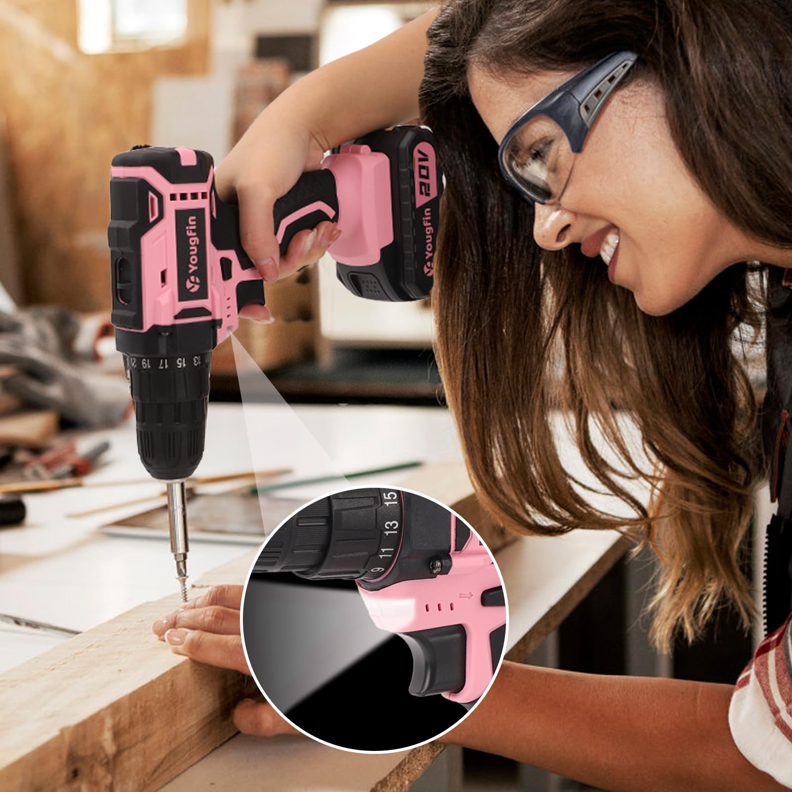 YOUGFIN Pink Drill Set for Women, 20V Battery Powered Electric Drill Machine Cordless with Charger, 25+1 Torque Setting, Built-in LED, Handheld Lightweight Power Drill Driver for Home Use (3/8")