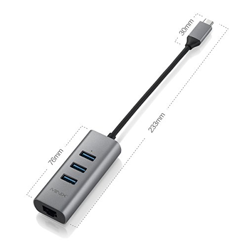 MINIX NEO-C-UEGR, Aluminium USB-C to 3-Port USB 3.0 and Gigabit Ethernet Adapter - for Windows, Mac and Chrome OS, Grey