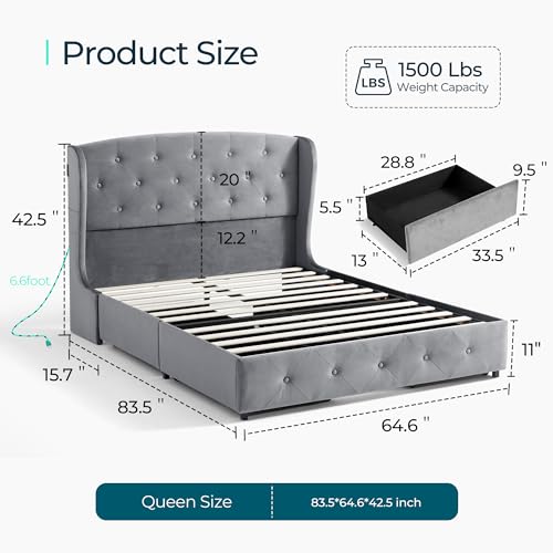 LINSY Queen Bed Frame with 4 Drawers, Velvet Upholstered Platform Bed with Button Tufted Headboard & Wingback, LED Lights, Type-C Chargers, No Need Box Spring, Light Grey