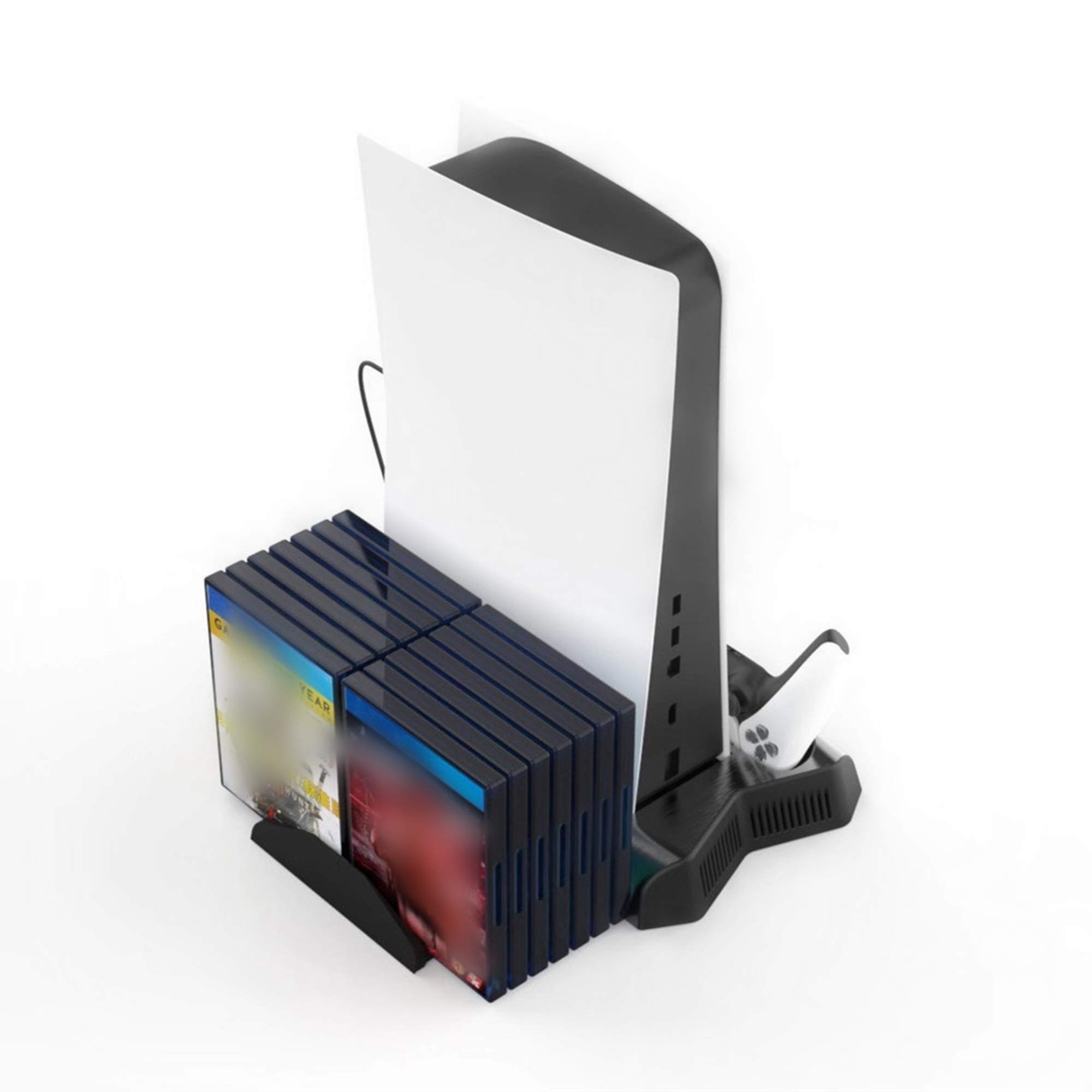 Cooling Fan for Ps5, 2-in 1 Vertical Stand with Dual Controller Charger Ports and 14 Game Rack Storage for Ps5 Cd/Digital Edition with 10pcs Thumb Joysticks