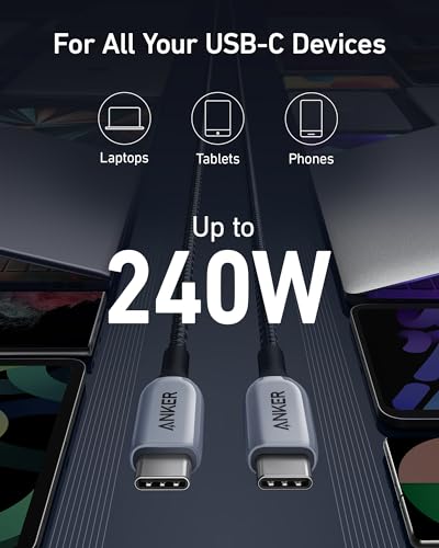 Anker 765 USB C to USB C Cable (240W 6ft Nylon), USB 2.0 Fast Charging USB C Cable for iPhone 15/15Pro/15Plus/ 15ProMax, MacBook Pro 2021, iPad Pro, iPad Air 4th, Samsung Galaxy S23+/S23 Ultra